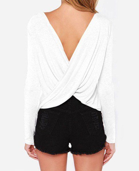 2018 Sexy Scoop Neck Long Sleeve Solid Color Backless Womens T Shirt