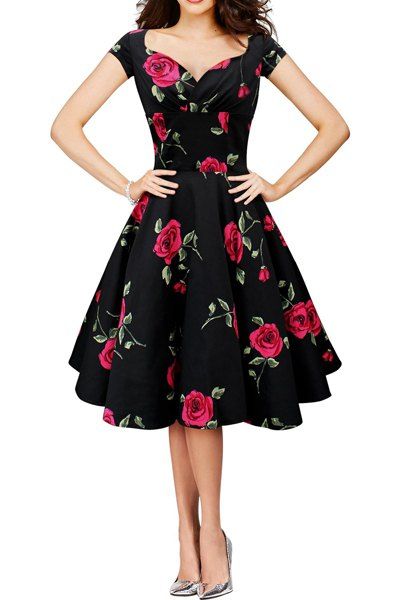 [32 Off] Vintage Style Sweetheart Neck Short Sleeve Flower Pattern