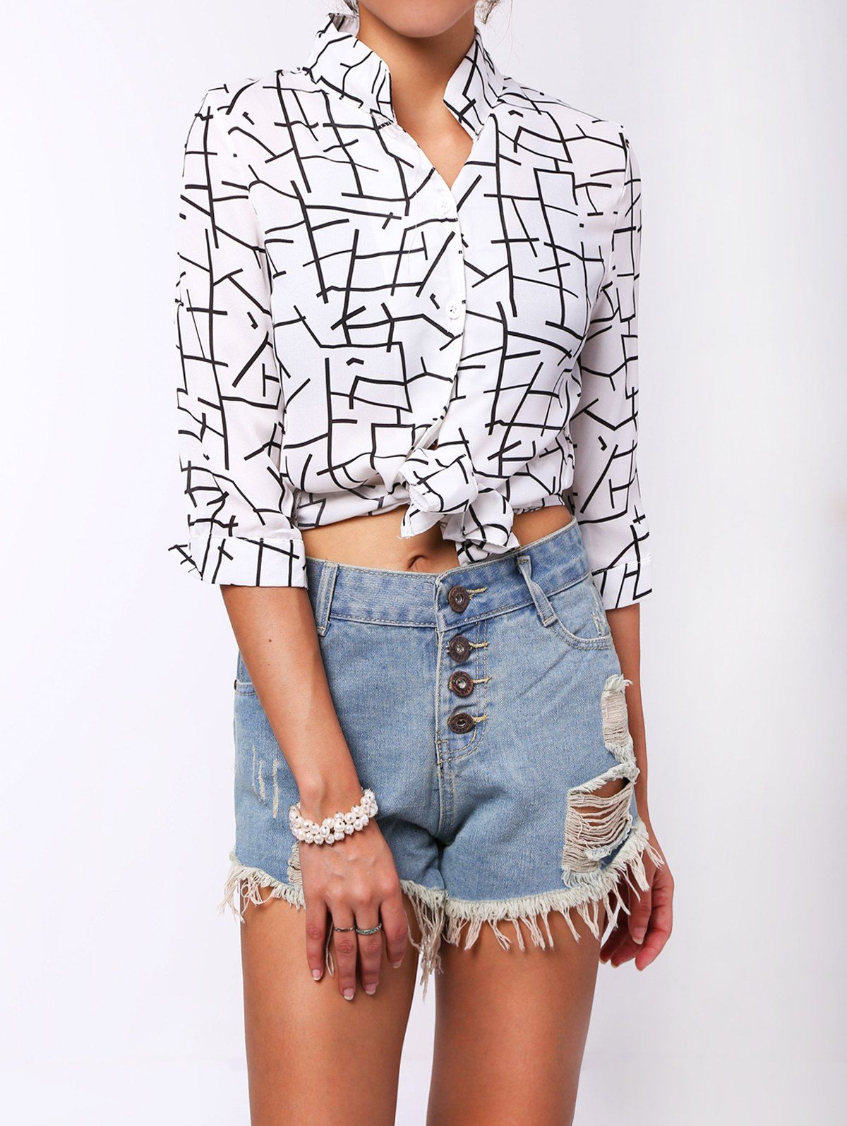 [48 Off] V Neck 3 4 Sleeves Graphic Blouse Rosegal
