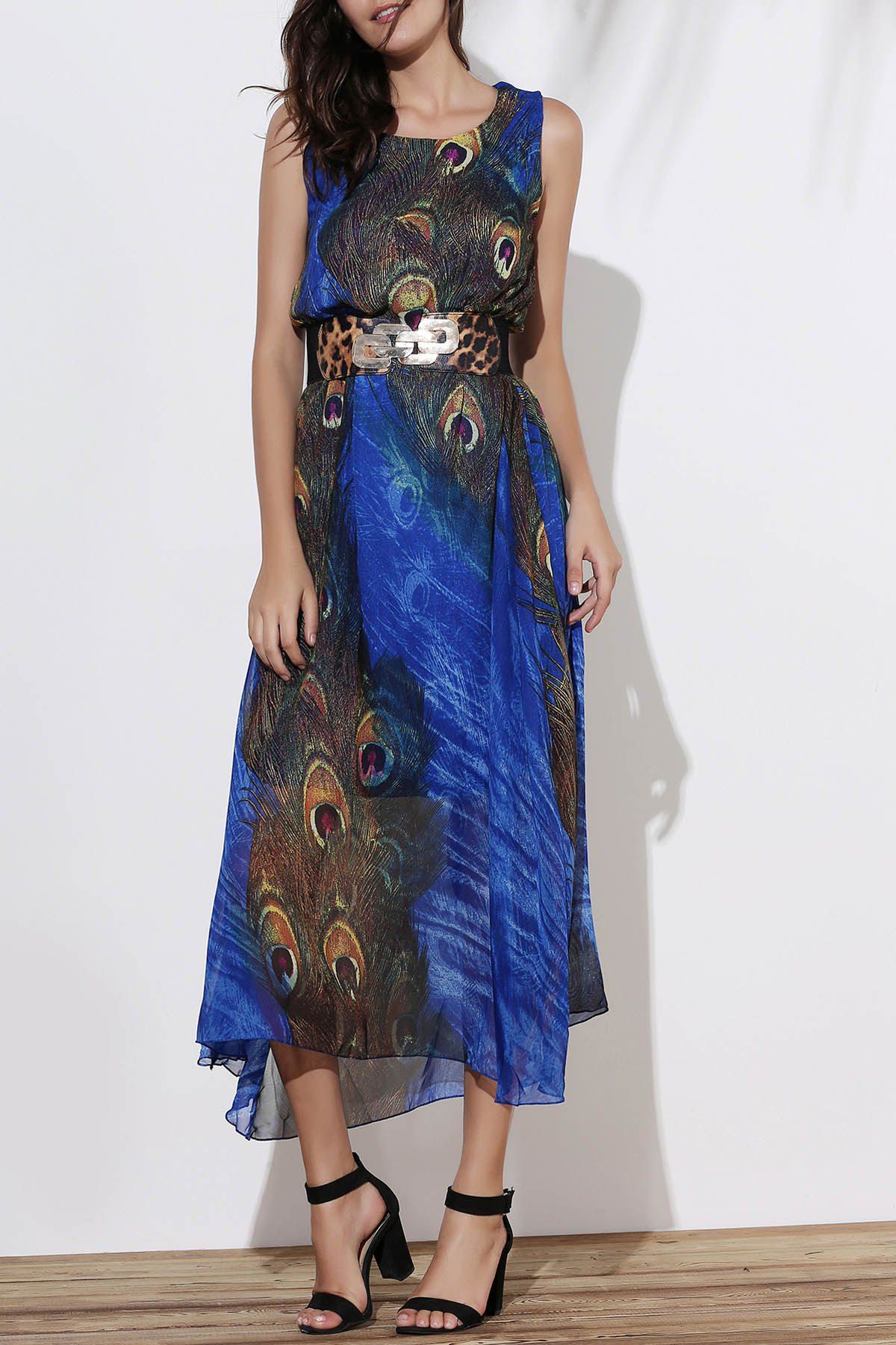 [43 Off] Fashionable Scoop Neck Peacock Feather Print Sleeveless Dress