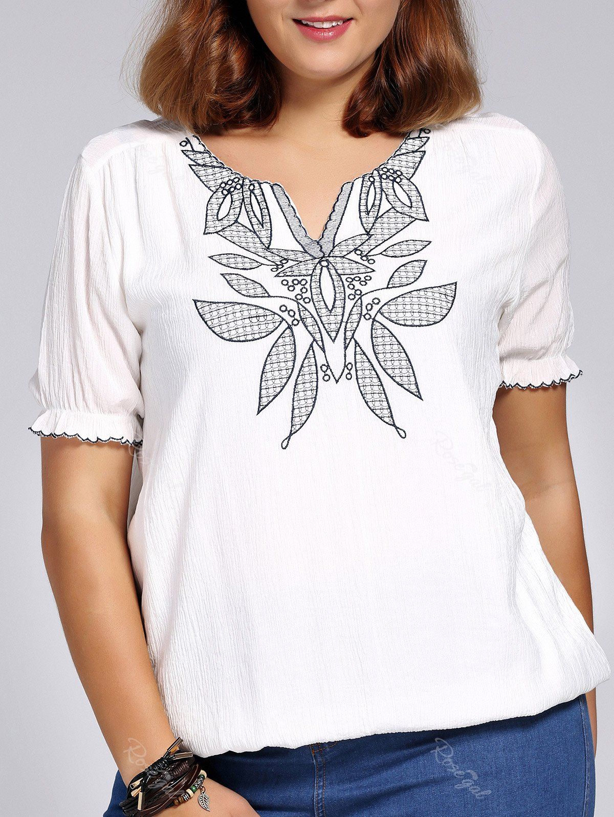 [32 Off] Chic Plus Size V Neck Flower Embroidered Womens Blouse Rosegal