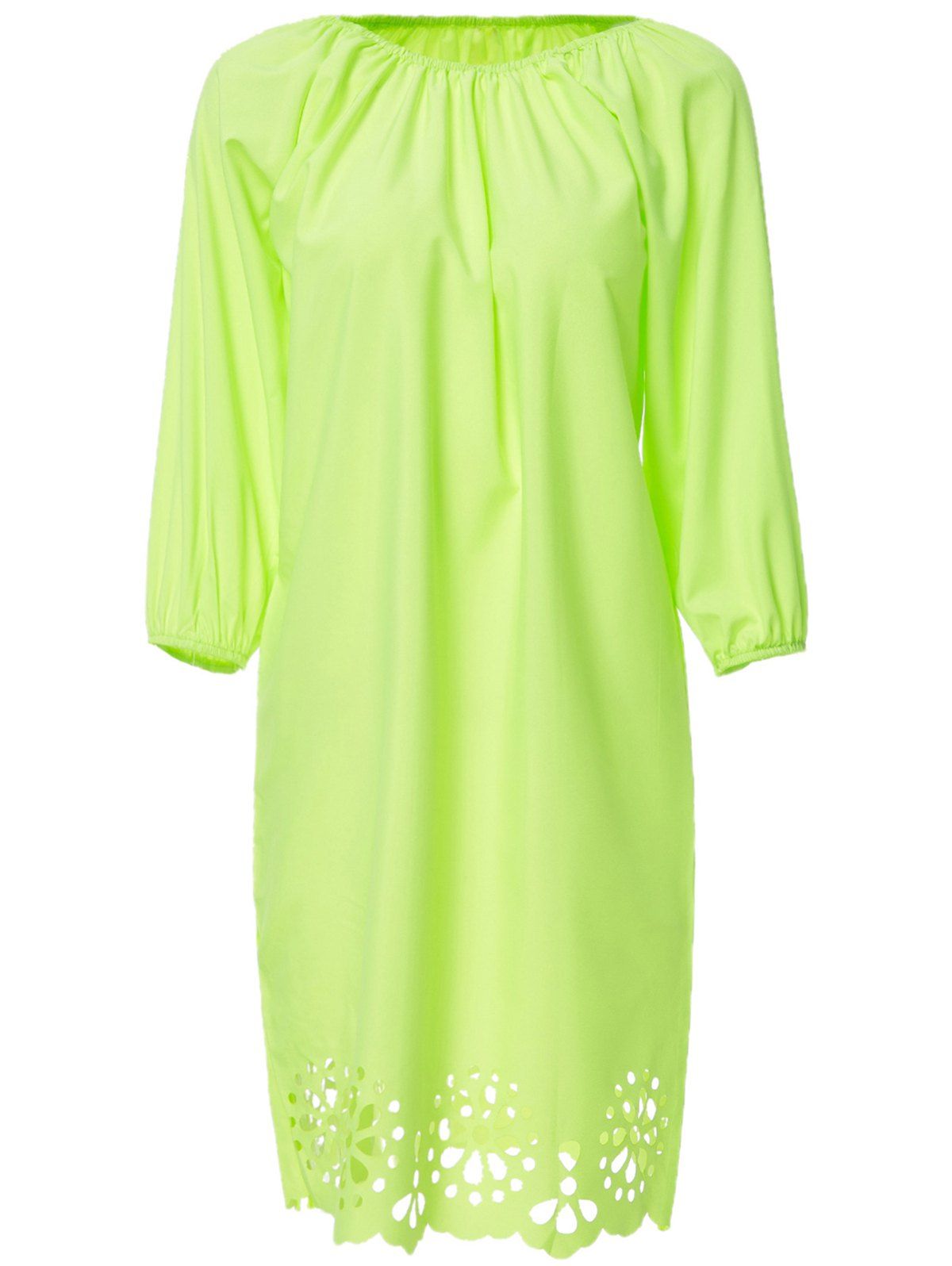 [45% OFF] Sweet Scoop Neck Neon Green Openwork 3/4 Sleeve Blouse For ...