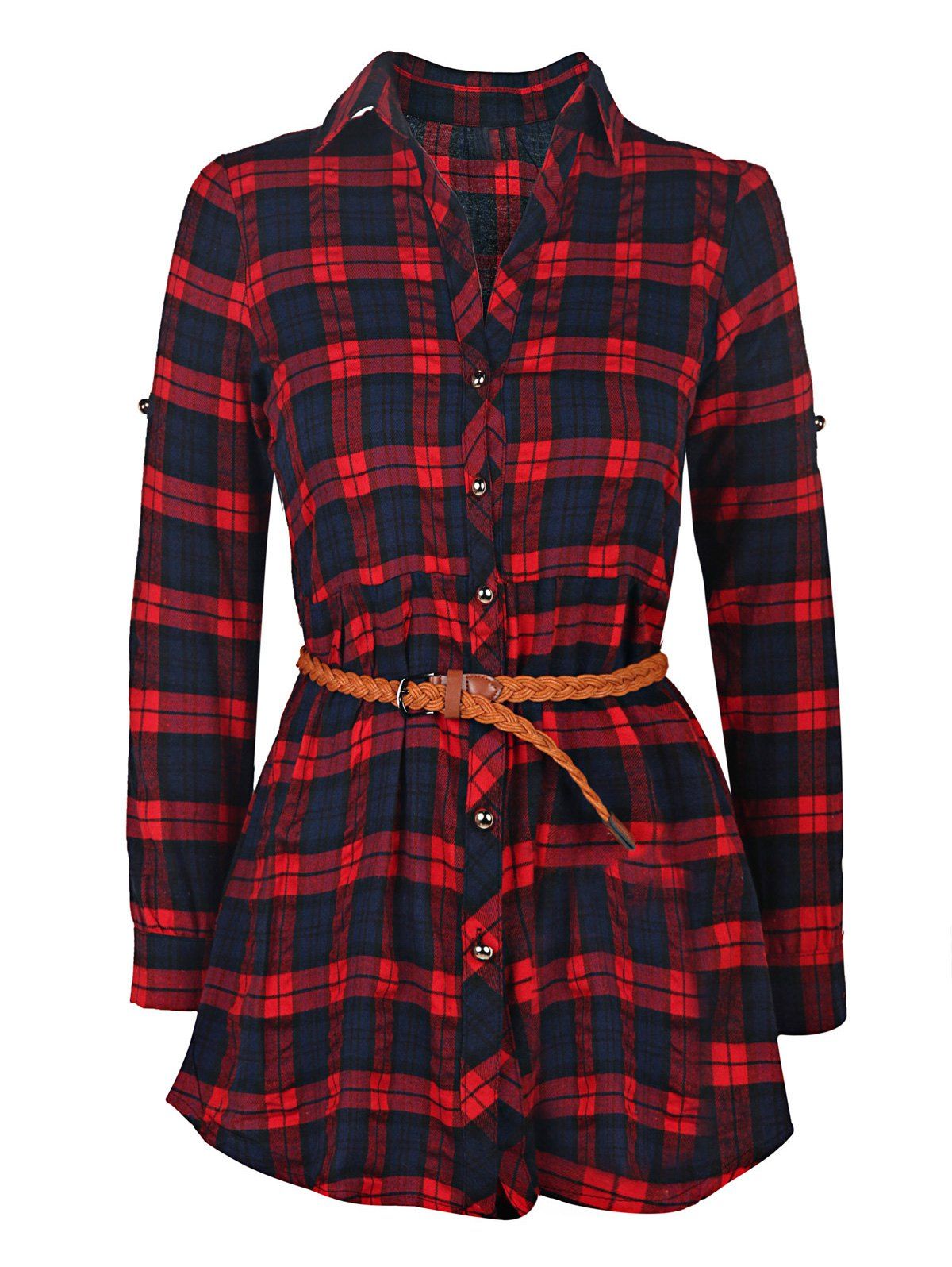 2018 Plaid Long Sleeve Button Up Shirt Dress In Red Xl