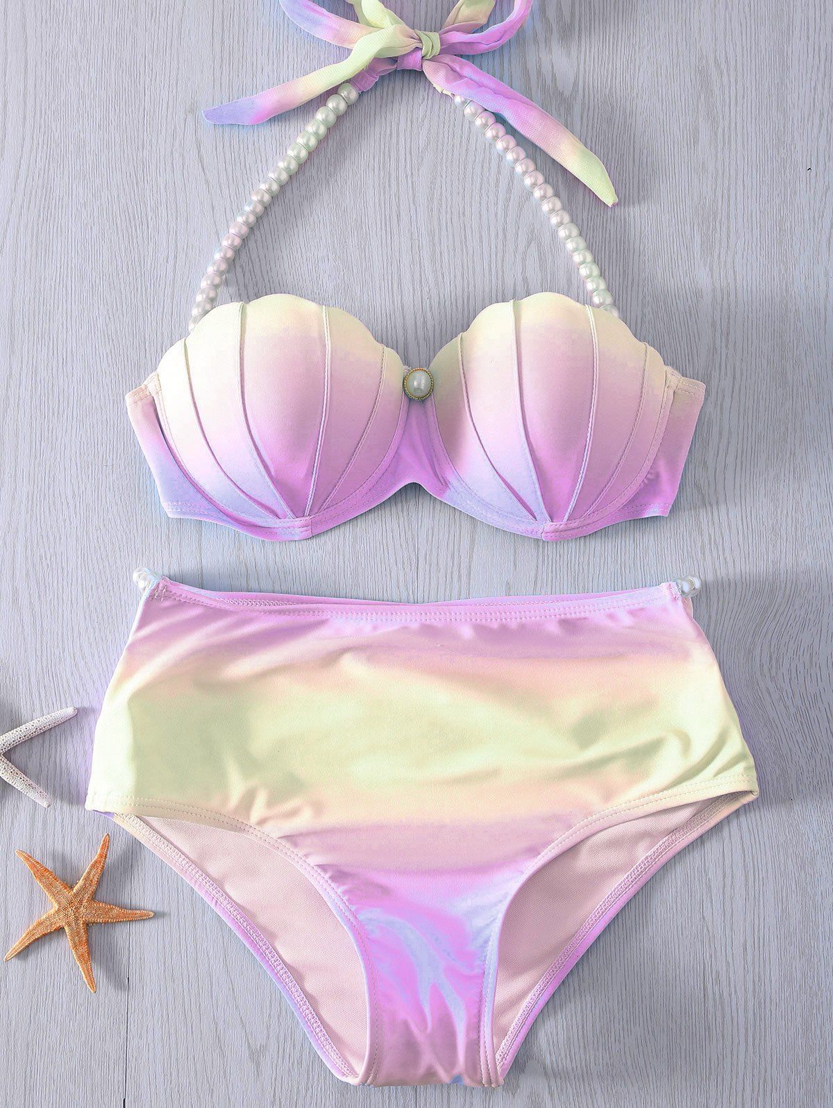 [40 Off] Halter Pearl Embellished Ombre Seashell Bikini Set Rosegal