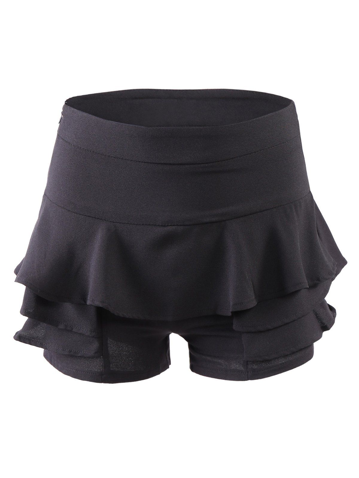 Black M Layered Trendy Solid Color Ruffled Womens Shorts