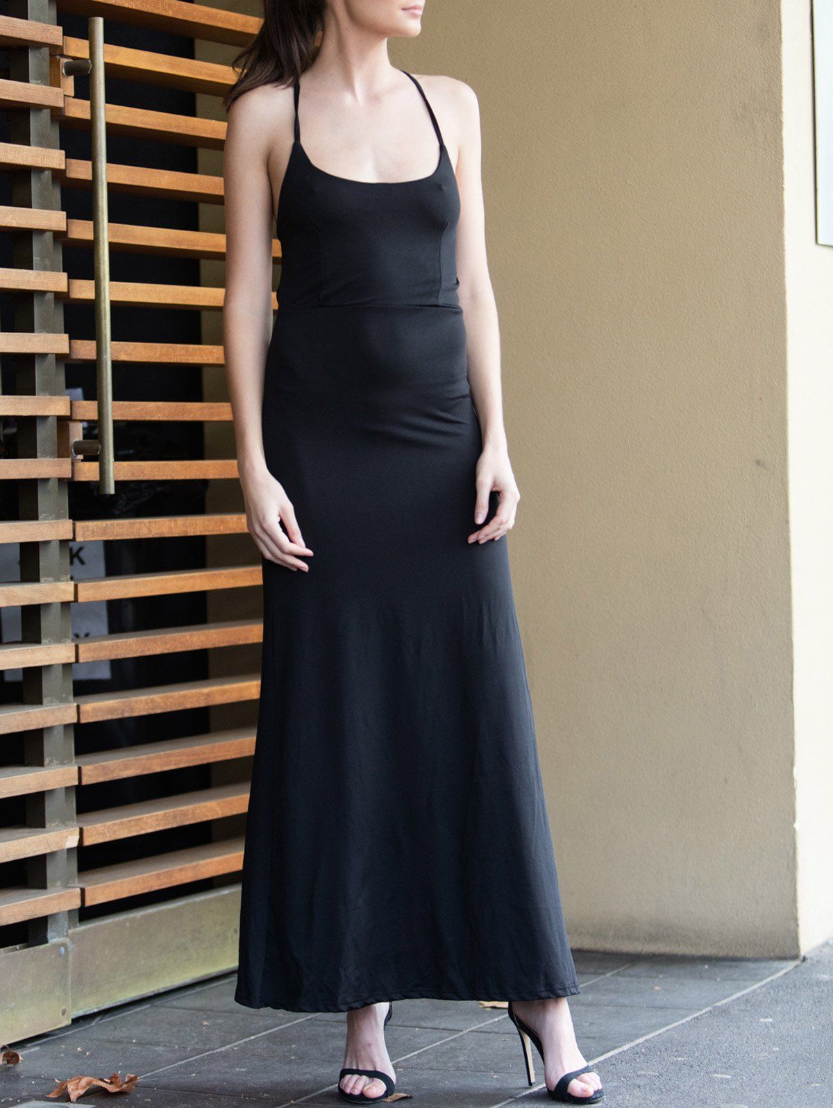Black S Black Spaghetti Strap Backless Split Maxi Dress | RoseGal.com