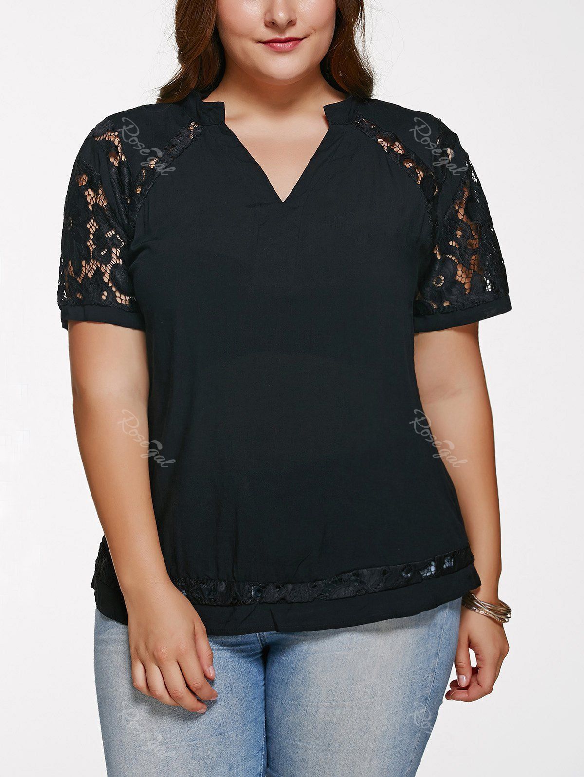 Black Xl Chic V Neck Lace Splicing Plus Size T Shirt