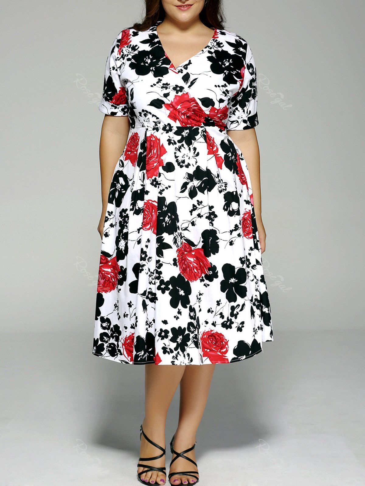 [35 Off] Plus Size High Waist Floral Surplice Dress Rosegal