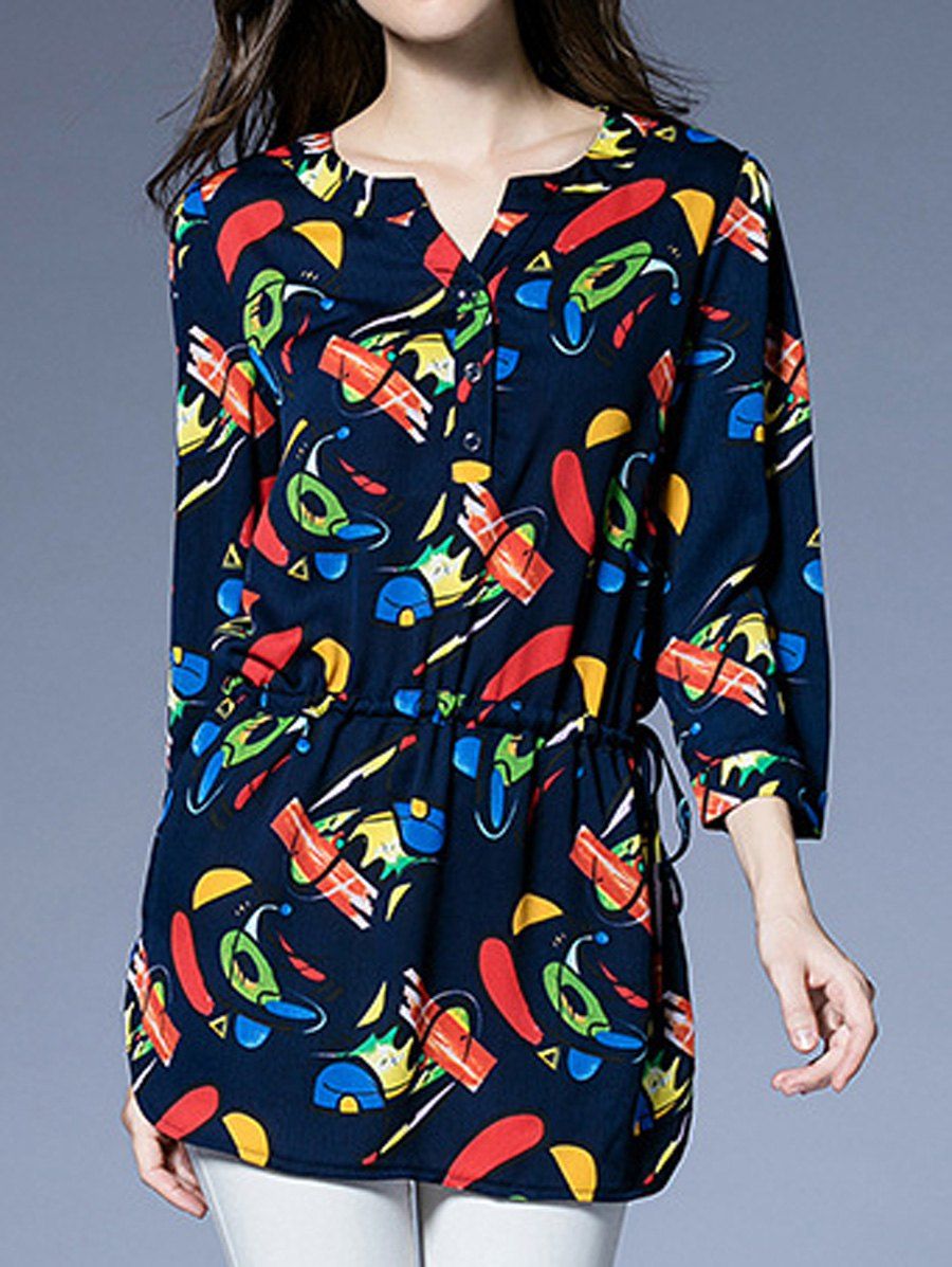 [34 Off] 3 4 Sleeve Printed Drawstring Blouse Rosegal