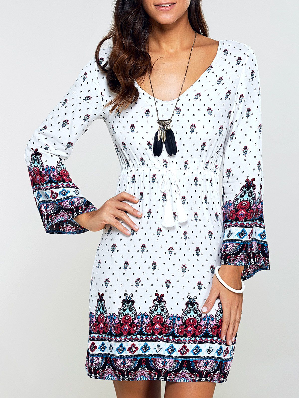 [37% Off] Drawstring Flare Sleeve Print Dress | Rosegal
