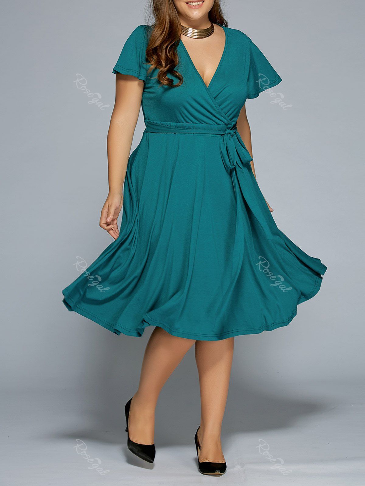Green 7xl Low Cut A Line Plus Size Surplice Front Tie Swing Dress Green 7xl Low Cut A Line Plus Size Surplice Front Tie Swing Dress