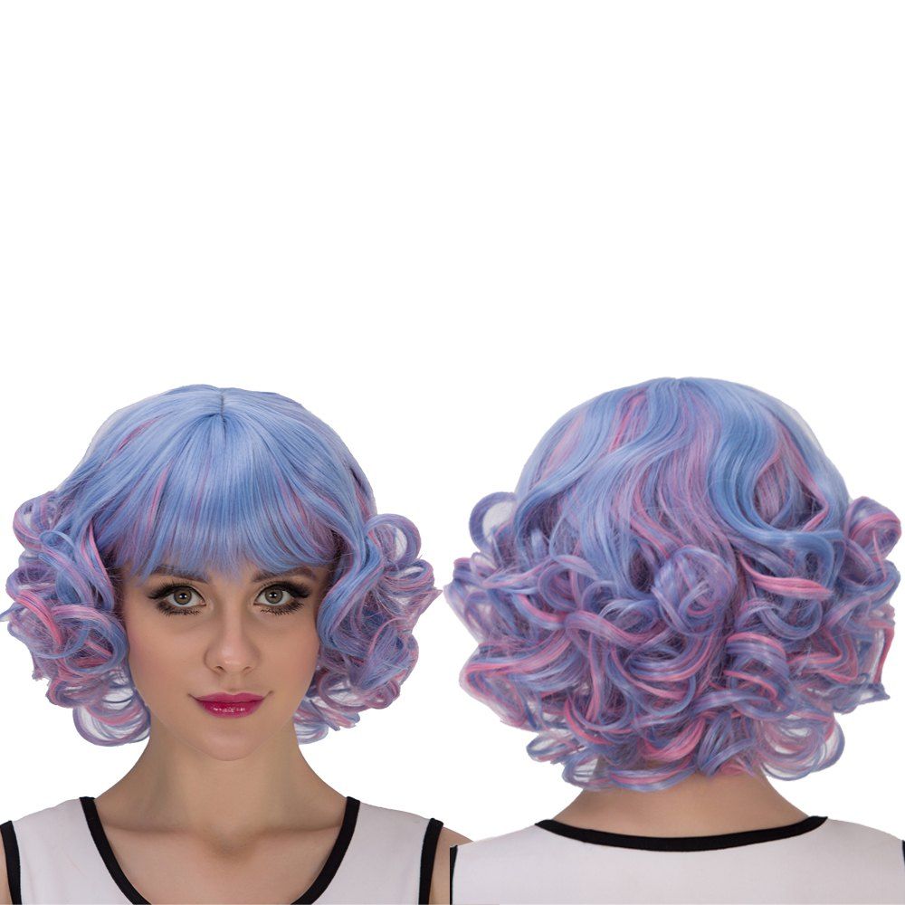 [20% OFF] Blue Mixed Pink Short Full Bang Curly Cosplay Synthetic Wig ...