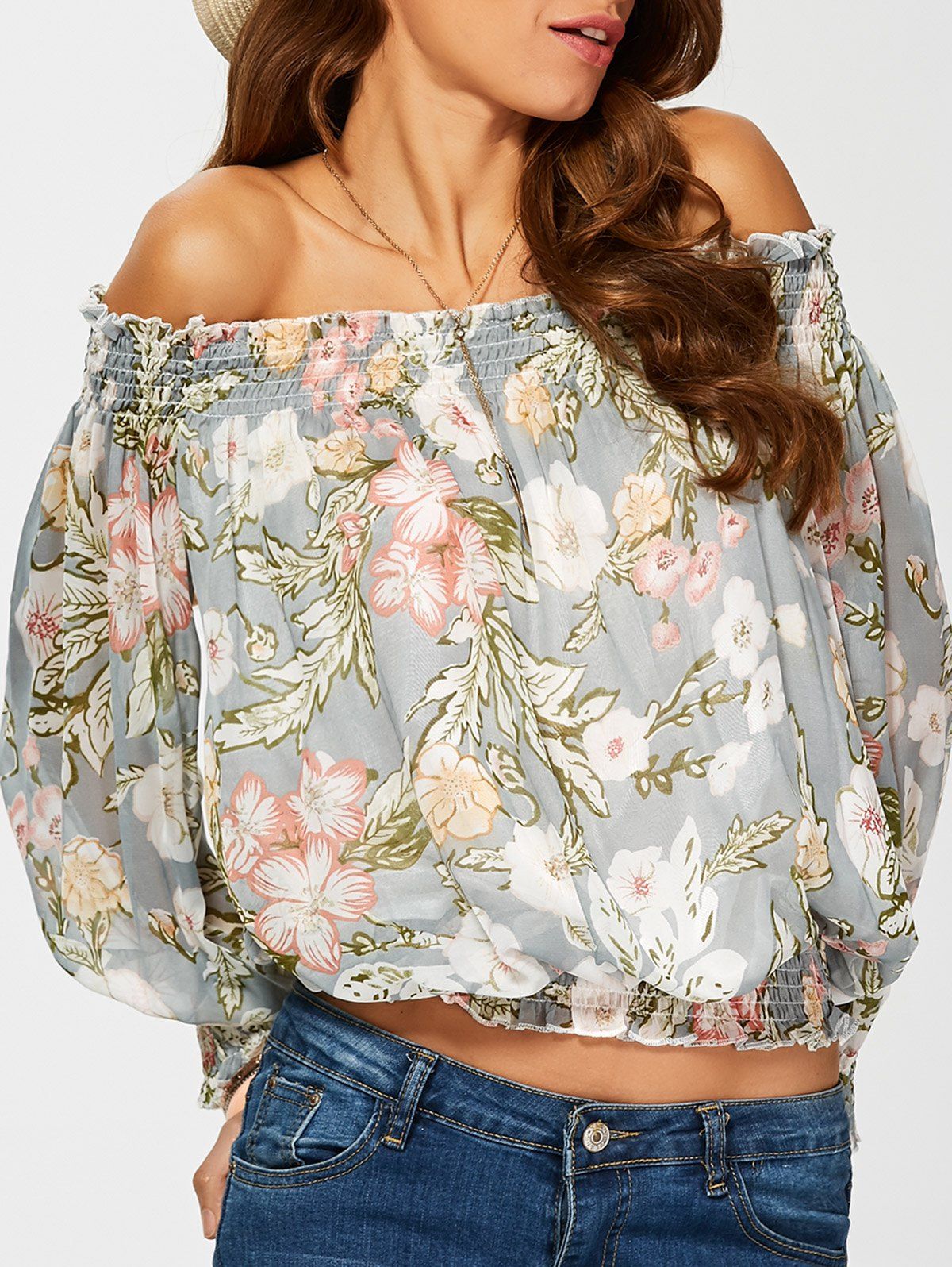 [6 Off] Chiffon Off The Shoulder Floral Print Blouse Rosegal