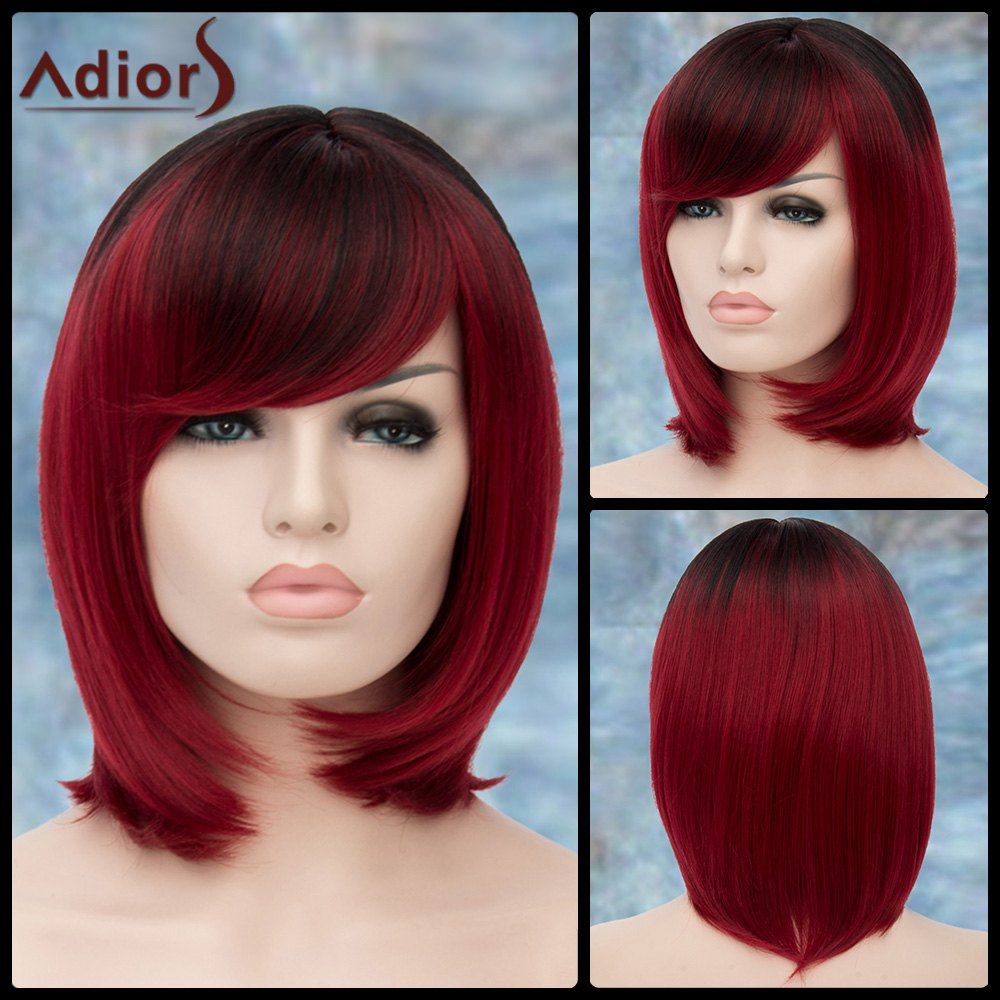 [35 Off] Adiors Short Ombre Oblique Bang Straight Bob Synthetic Wig