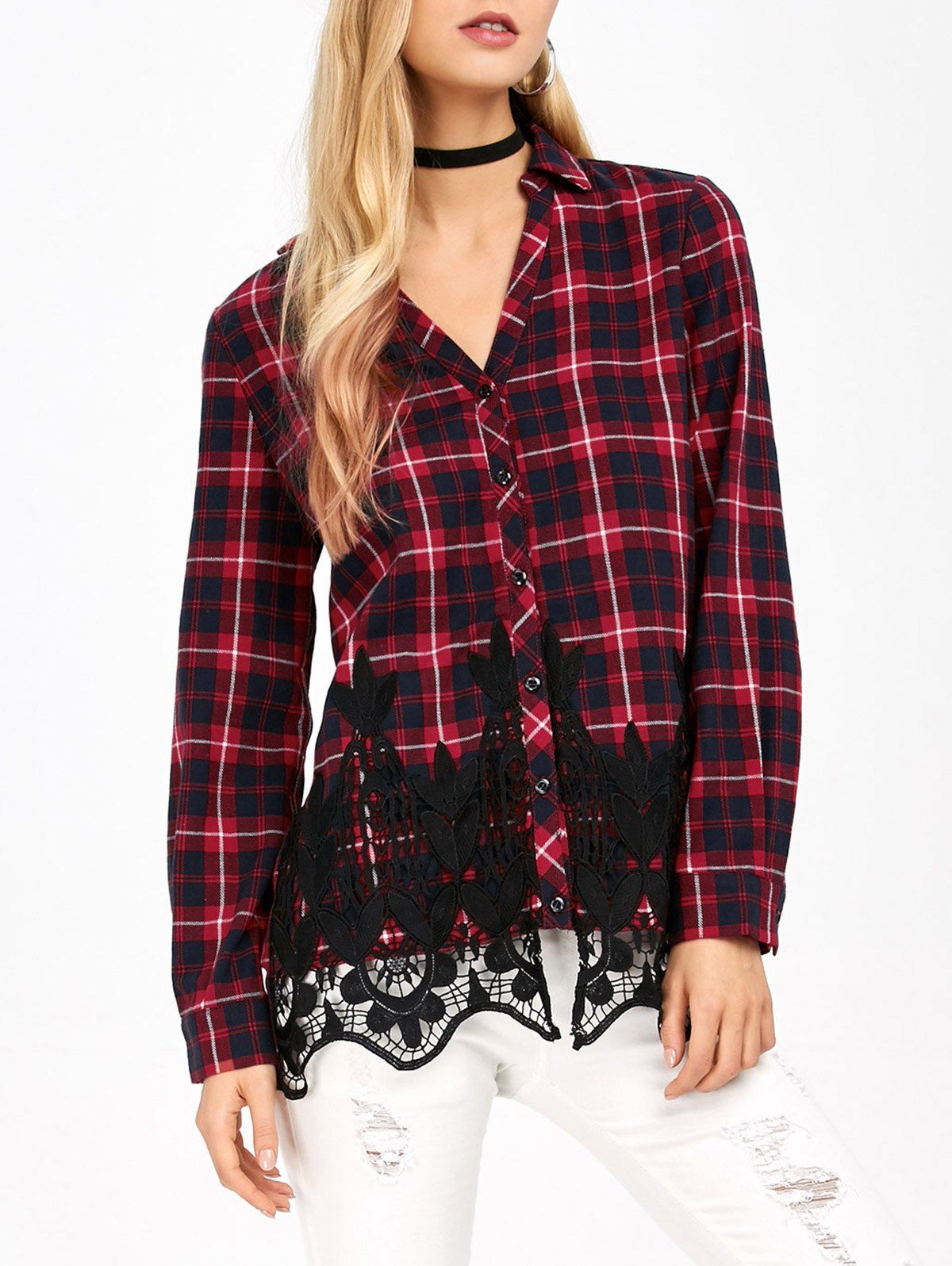 [16% OFF] Lace Patchwork Plaid Blouse | Rosegal