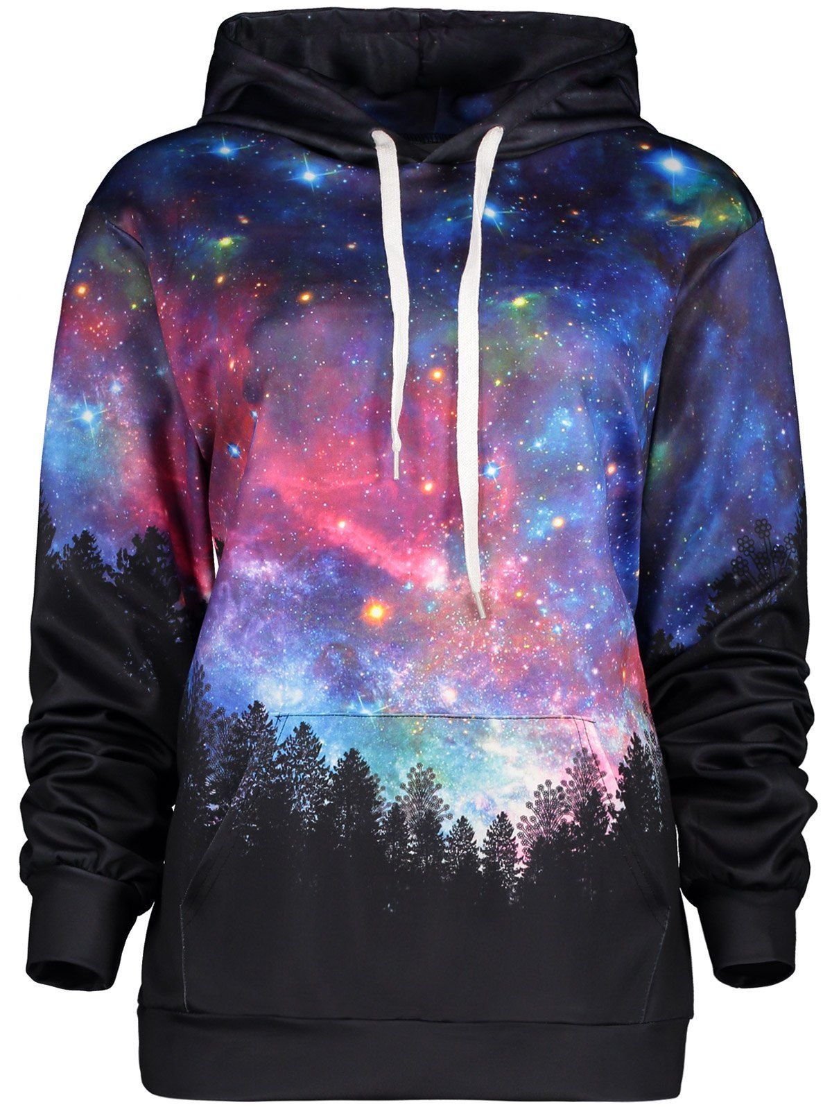 Black M Kangaroo Pocket Forest Galaxy Hoodie | RoseGal.com