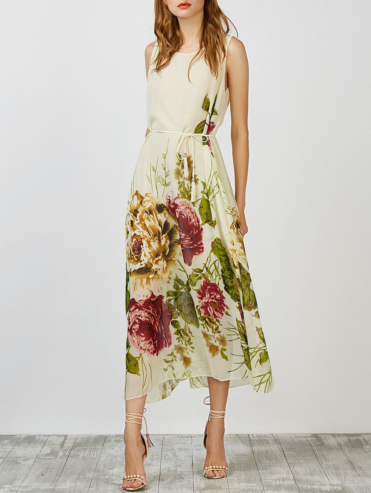 2018 Floral Chiffon Belted Summer Long Dress In Apricot S | Rosegal.com