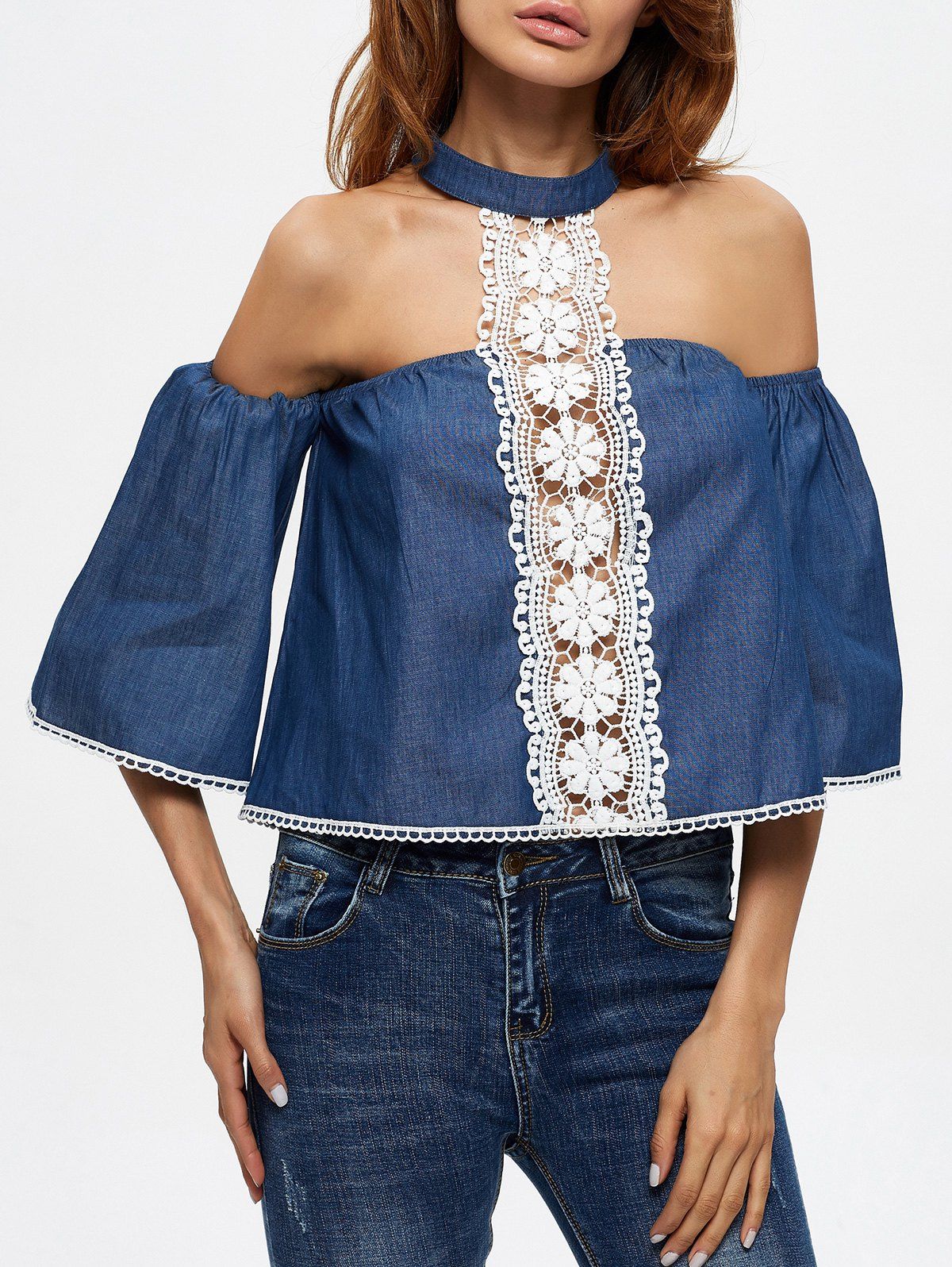 2018 Choker Neck Lace Panel Blouse In Blue M