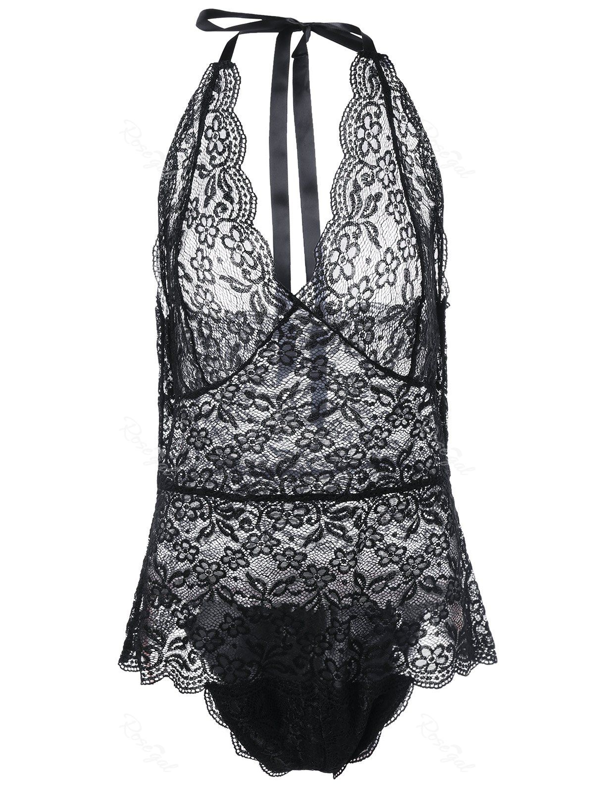 Black 5xl Plus Size Halter Lace Bodysuit