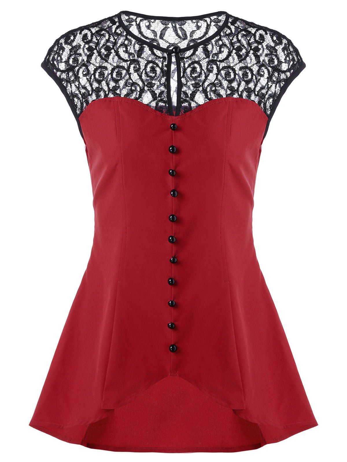 2018 Lace Panel Single Breasted Blouse In Red Black Xl