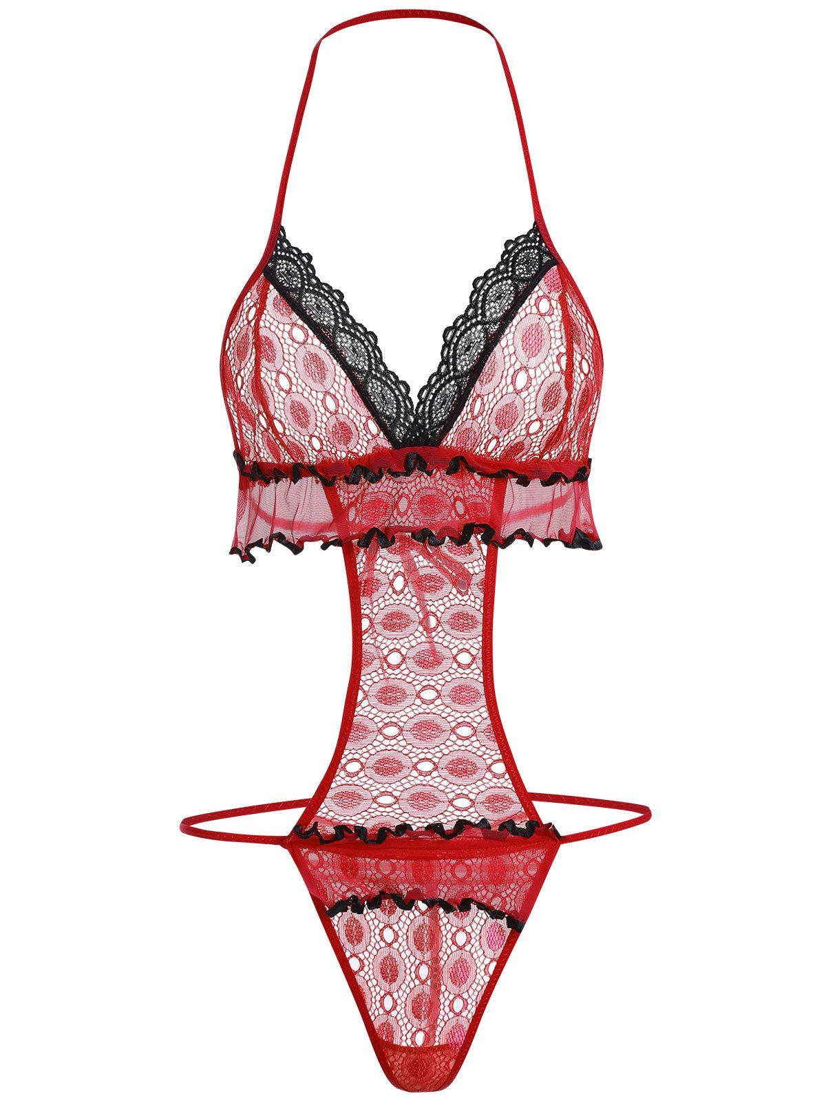 [8 Off] Sheer Lace Halter Teddy With Ruffles Rosegal