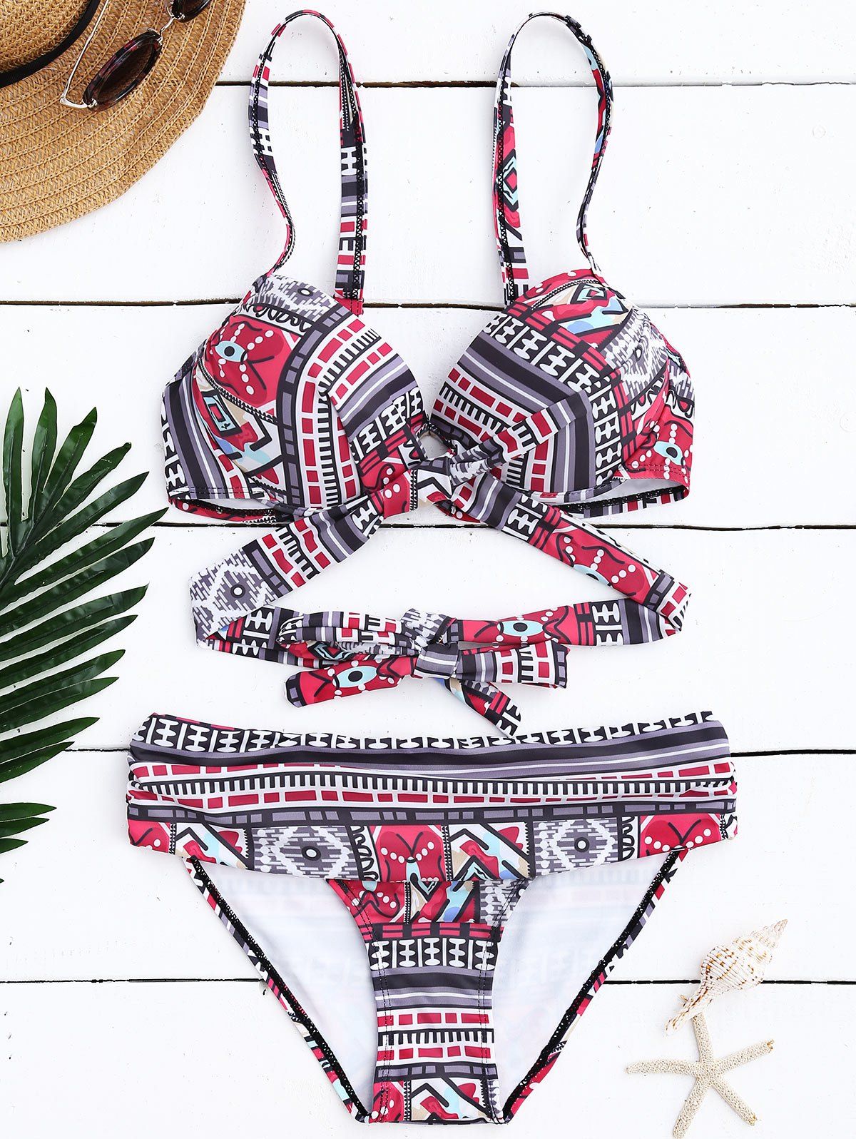 [27 Off] High Cut Print Criss Push Up Bikini Rosegal