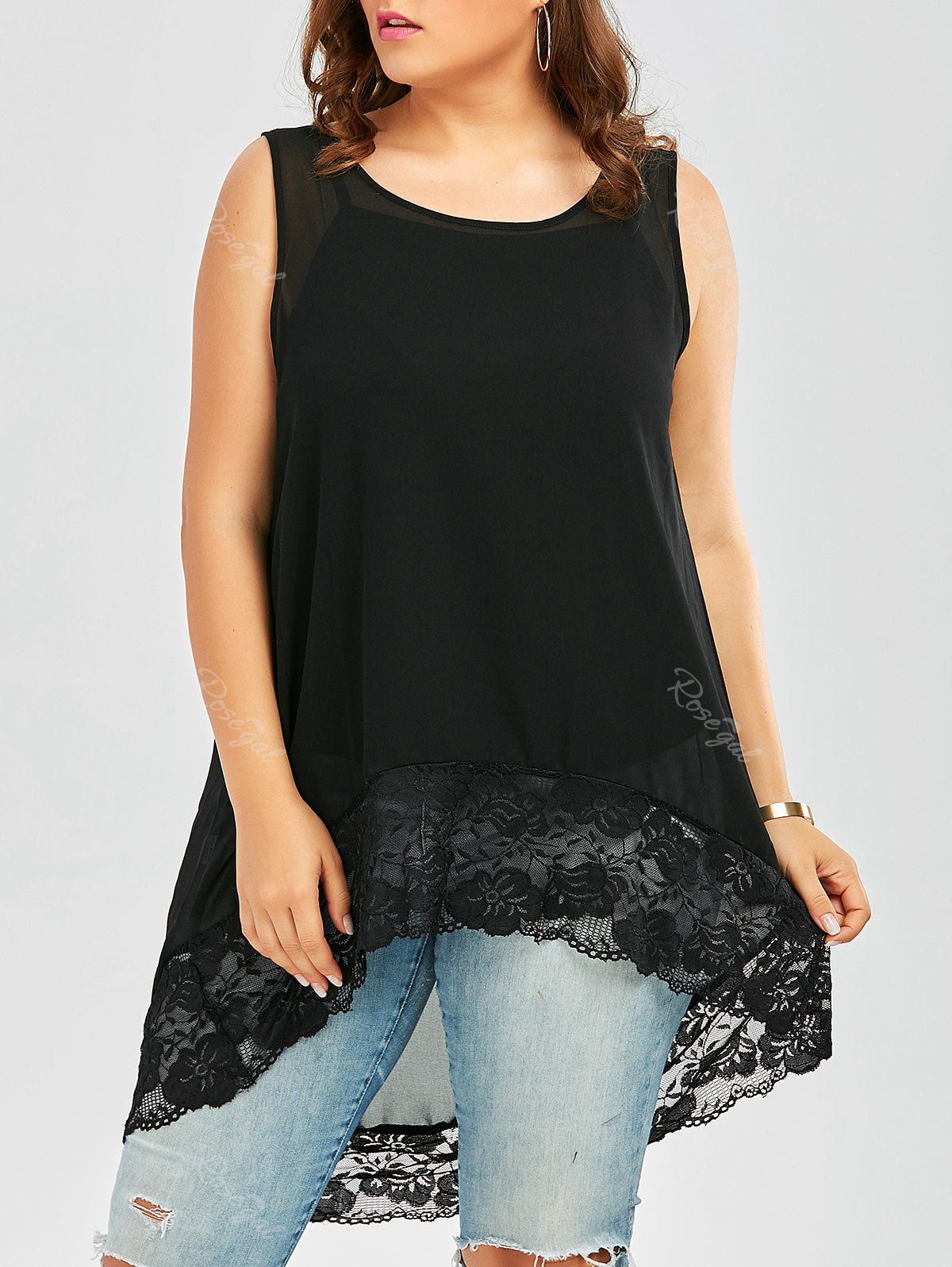 Black 6xl Plus Size Lace Trim High Low Chiffon Flowy Top