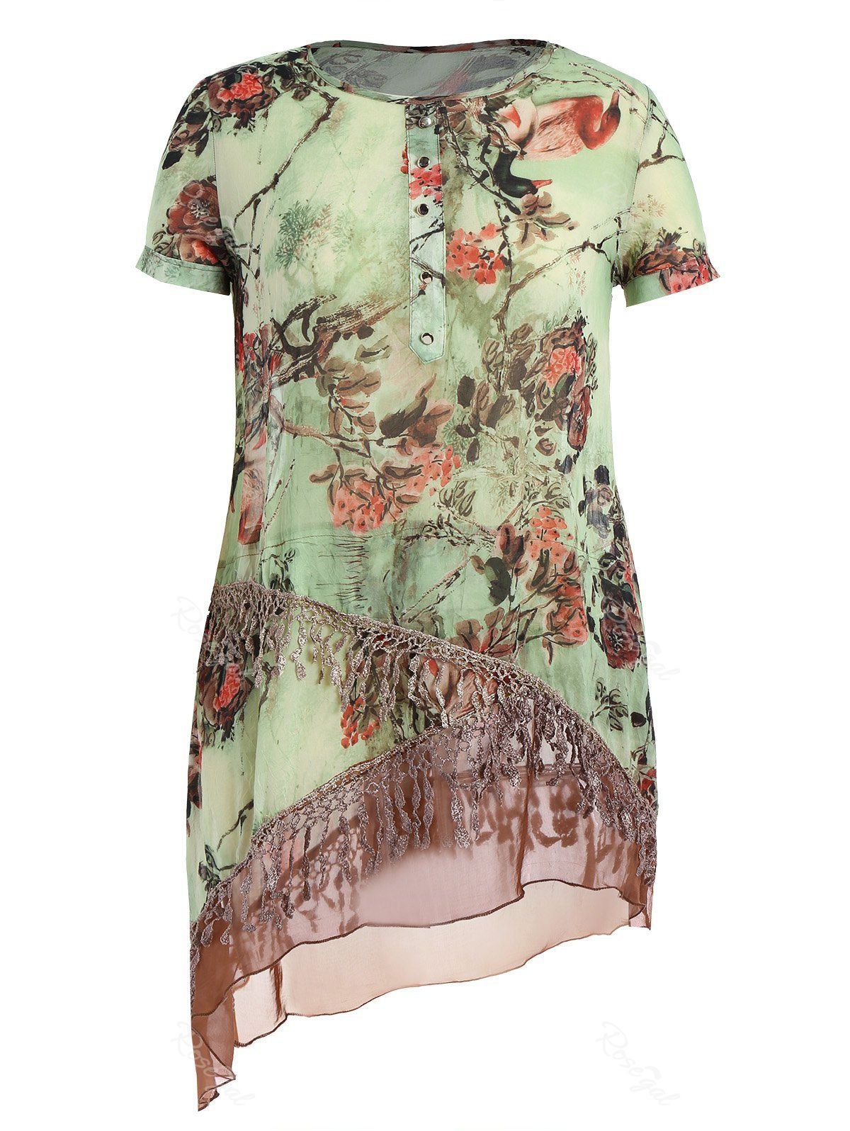Light Green 4xl Plus Size Layered Tassel Chiffon Floral Tunic Top ...