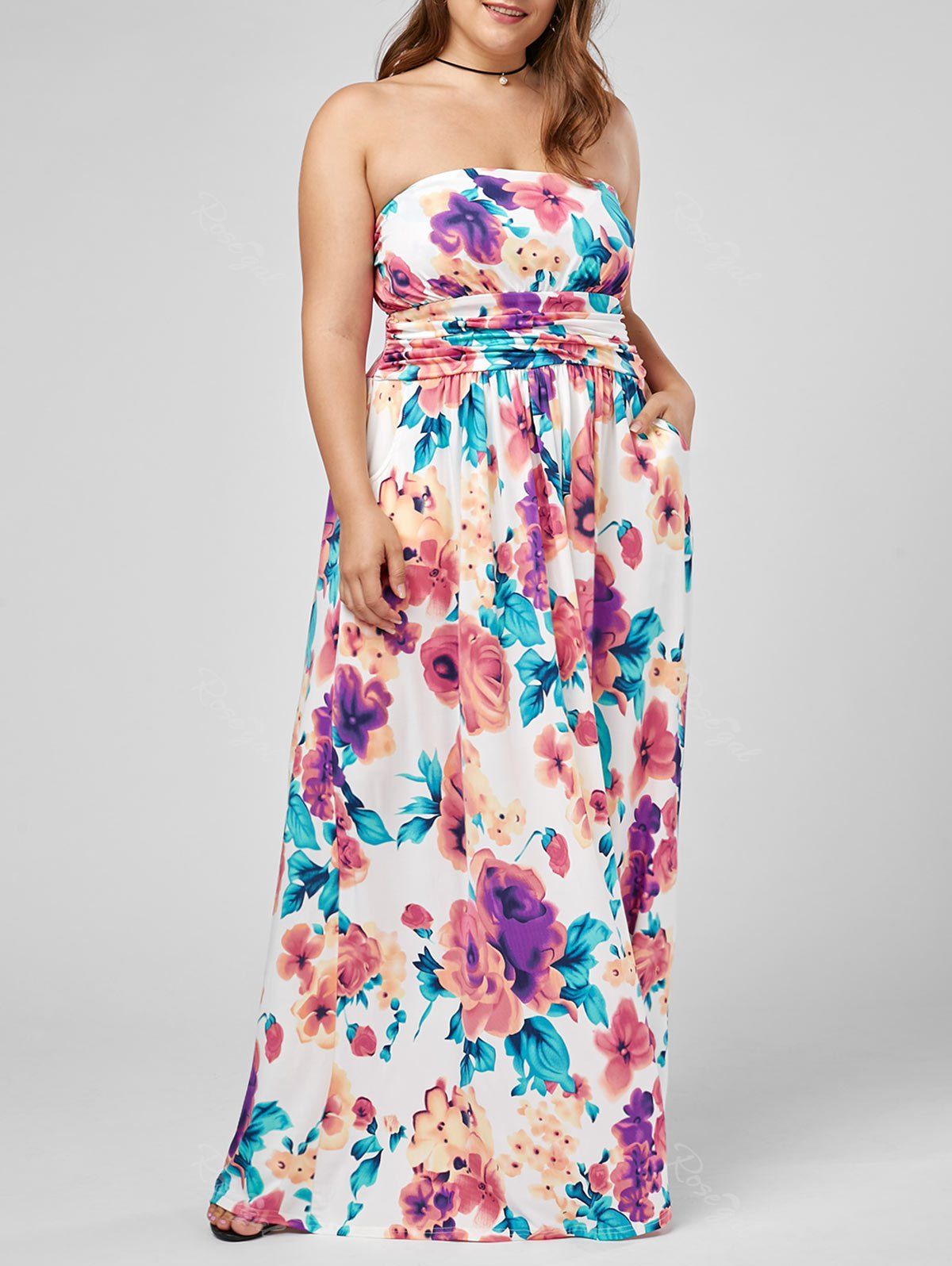 [33 Off] Strapless Floral Plus Size Long Summer Dress Rosegal