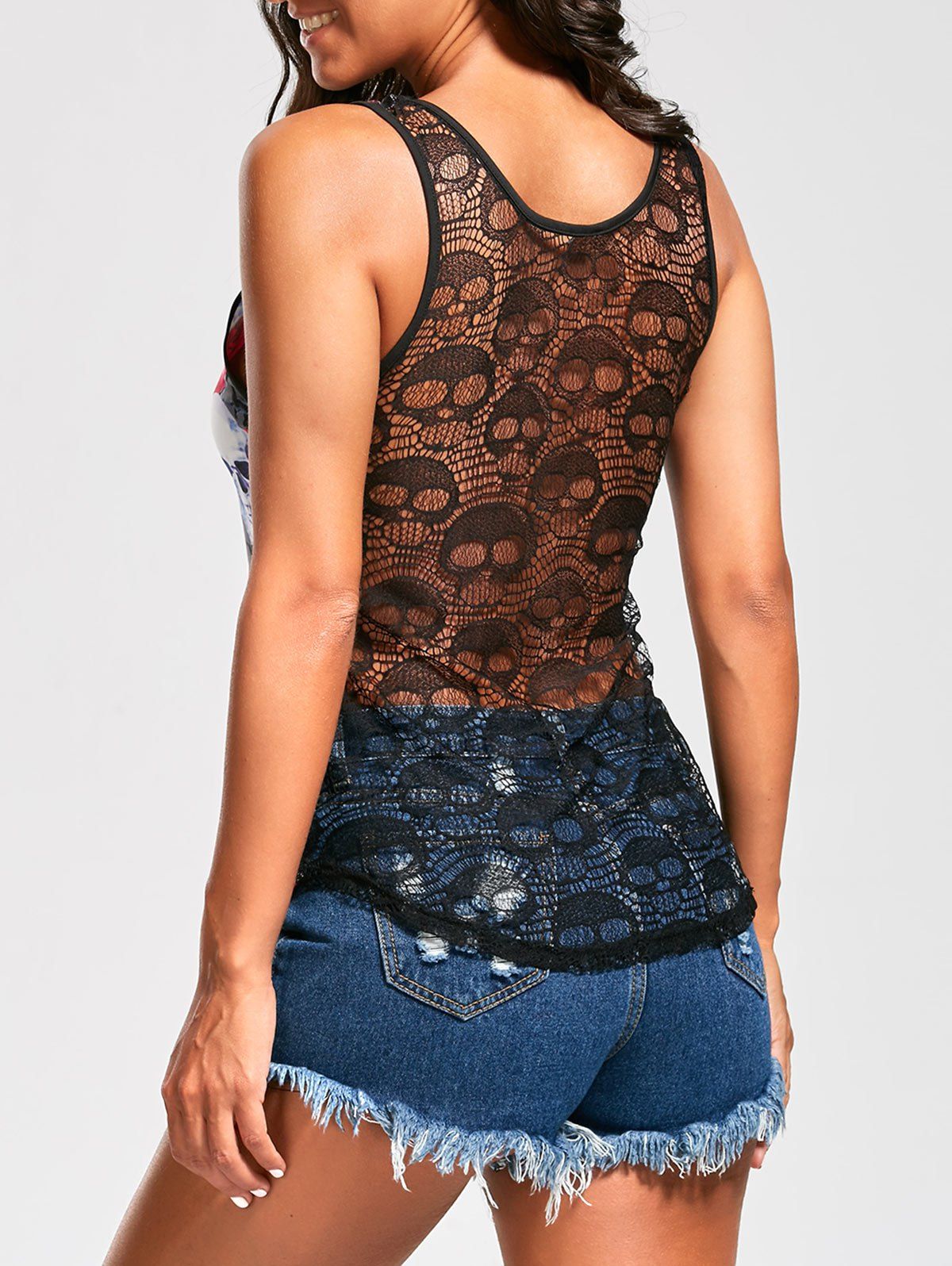 [25% OFF] Openwork Lace Back Skull Flower Tank Top | Rosegal