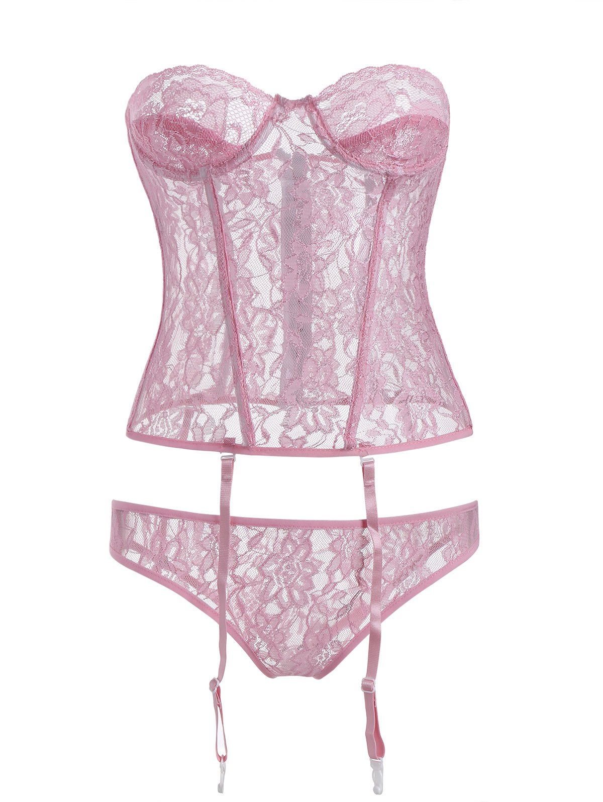 2018 Lace Mesh Steel Boned Corset Top In Pink S