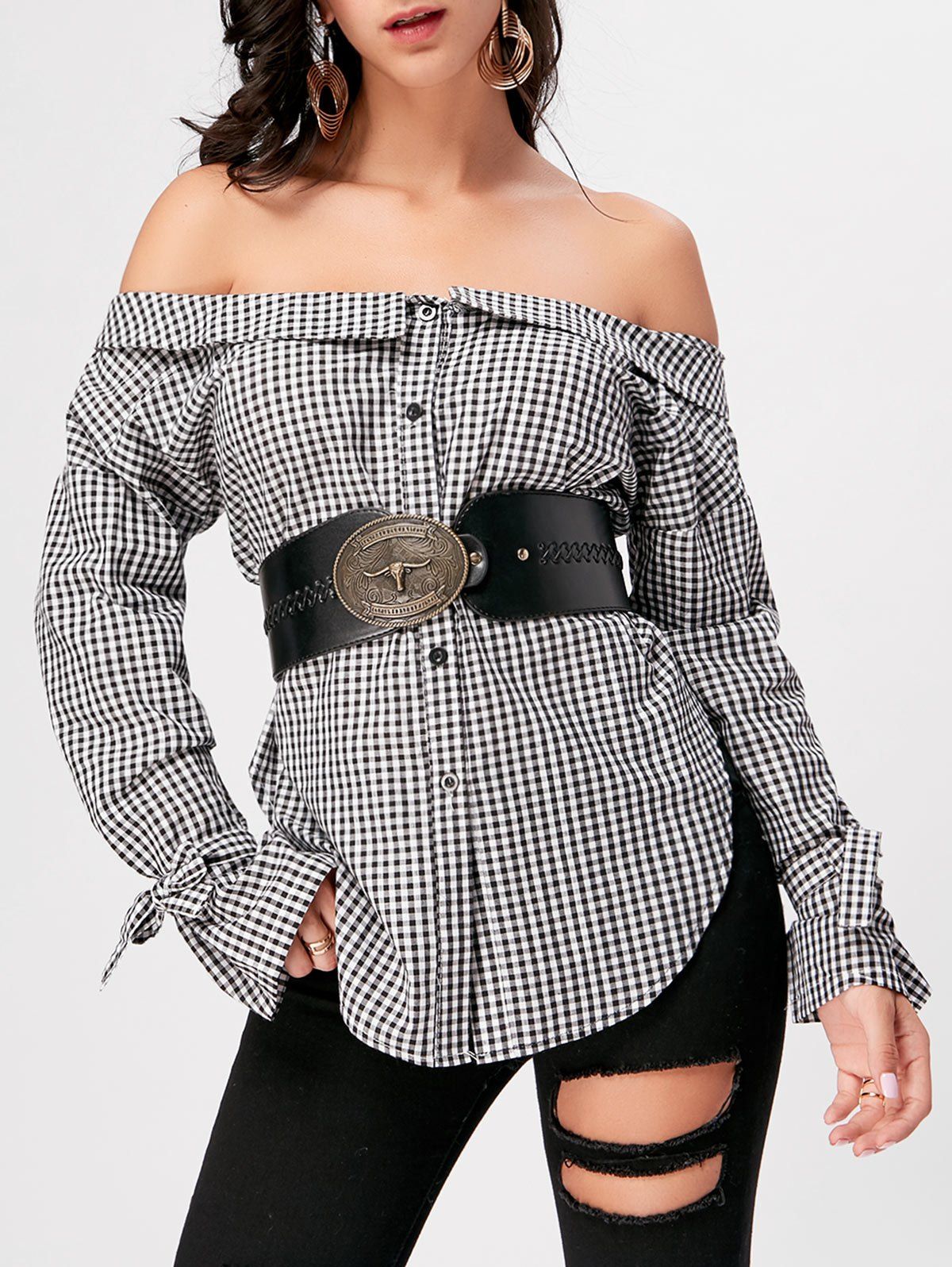 [22 Off] Off The Shoulder Gingham Blouse Rosegal
