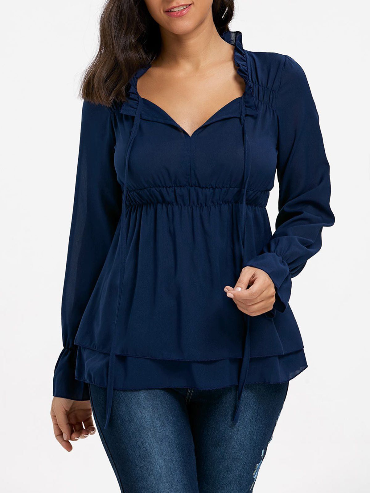 [77 Off] Sheer Ruffled Neck Chiffon Blouse Rosegal