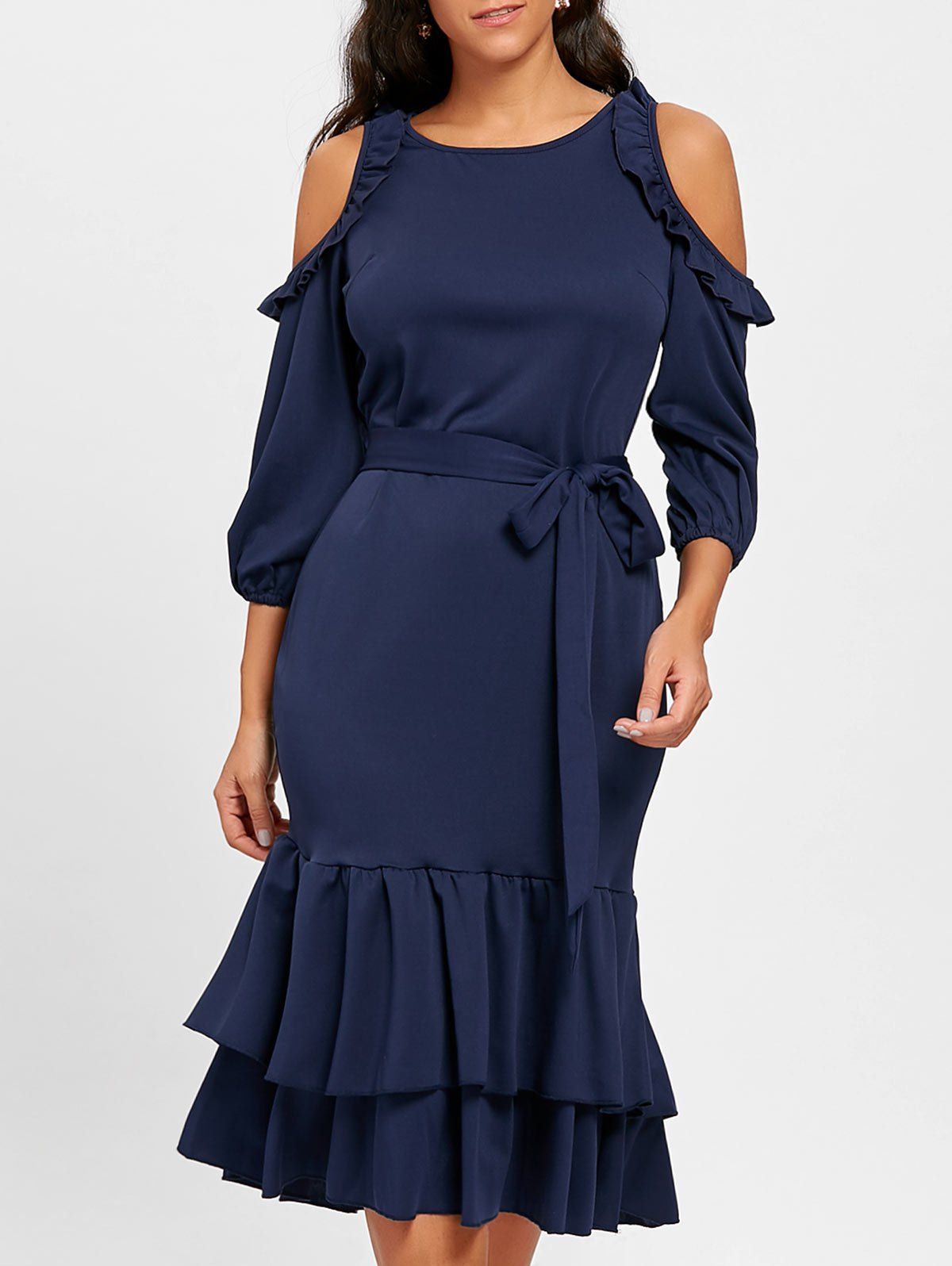 Cerulean L Cold Shoulder Ruffles Belted Midi Dress | RoseGal.com