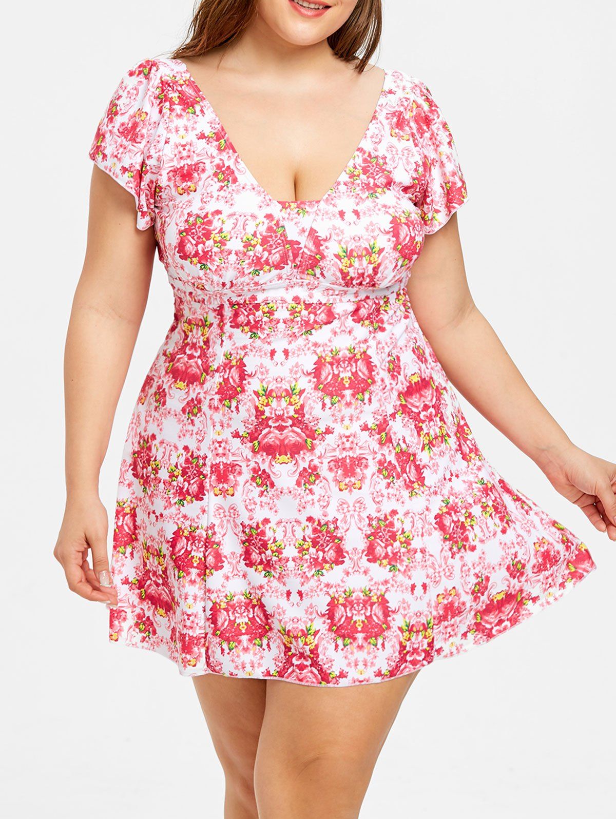 [33 Off] Plus Size Skirted Floral Print Swimsuit Rosegal