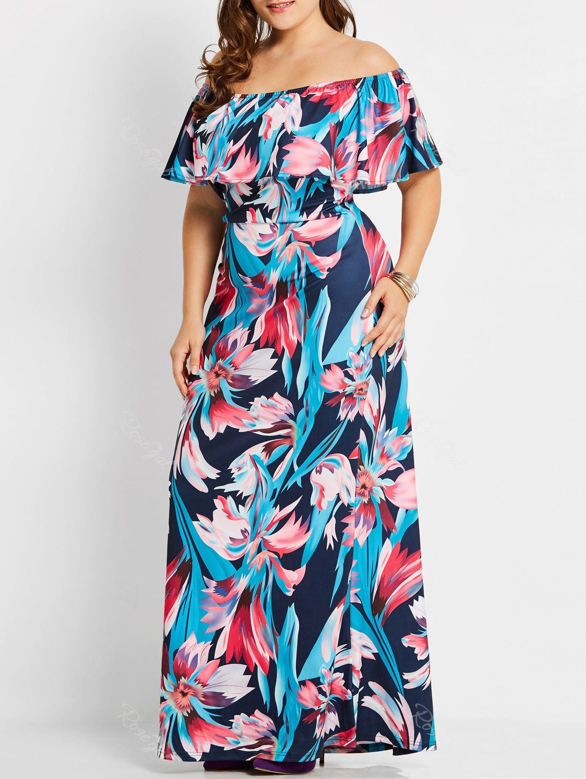  49 OFF Plus Size Off The Shoulder Maxi Tropical Dress Rosegal