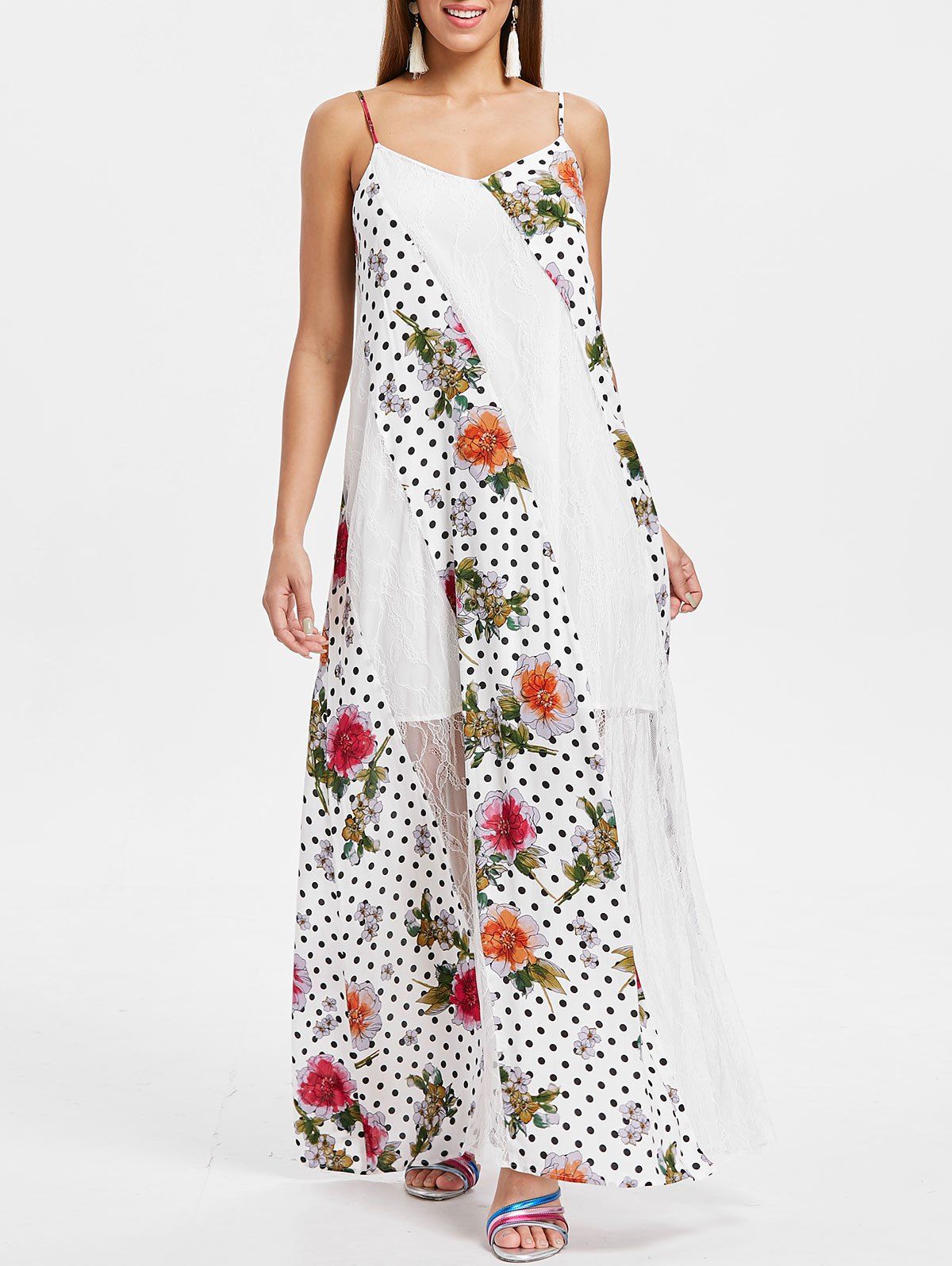[63 Off] Floral Polka Dot Print Sleeveless Maxi Dress Rosegal