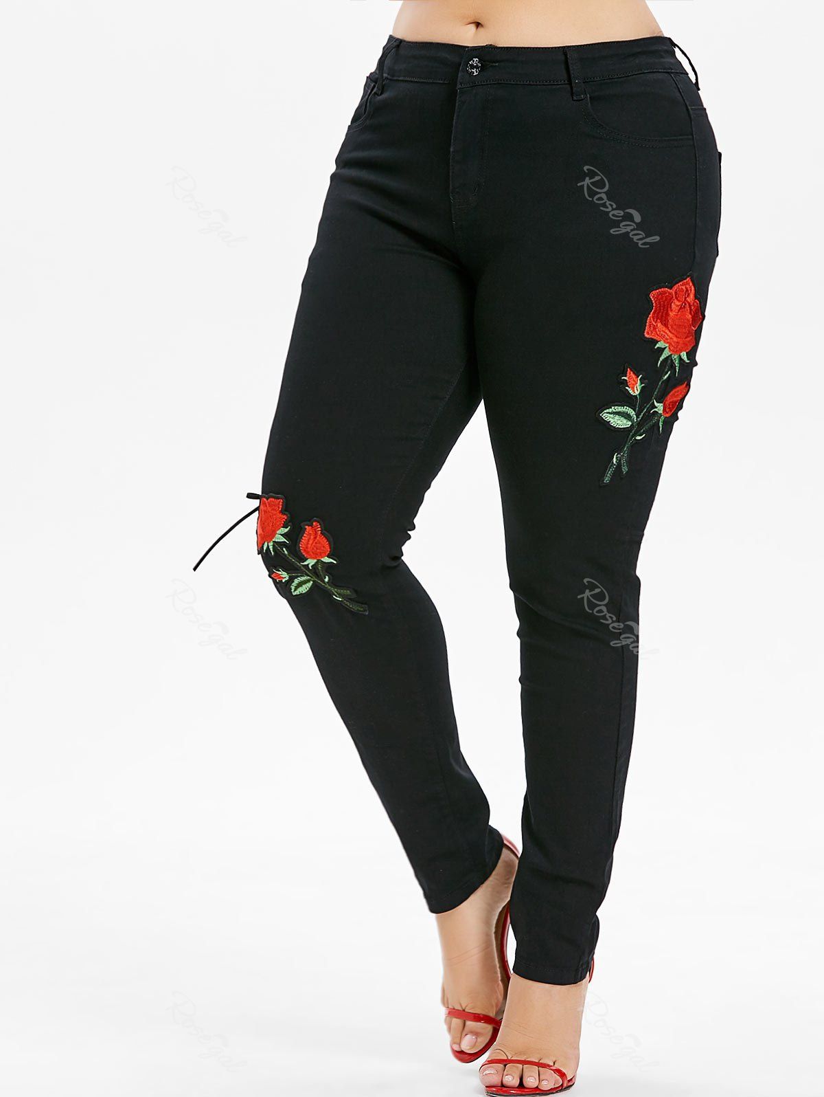 [30 Off] Plus Size Lace Up Flower Applique Jeans Rosegal