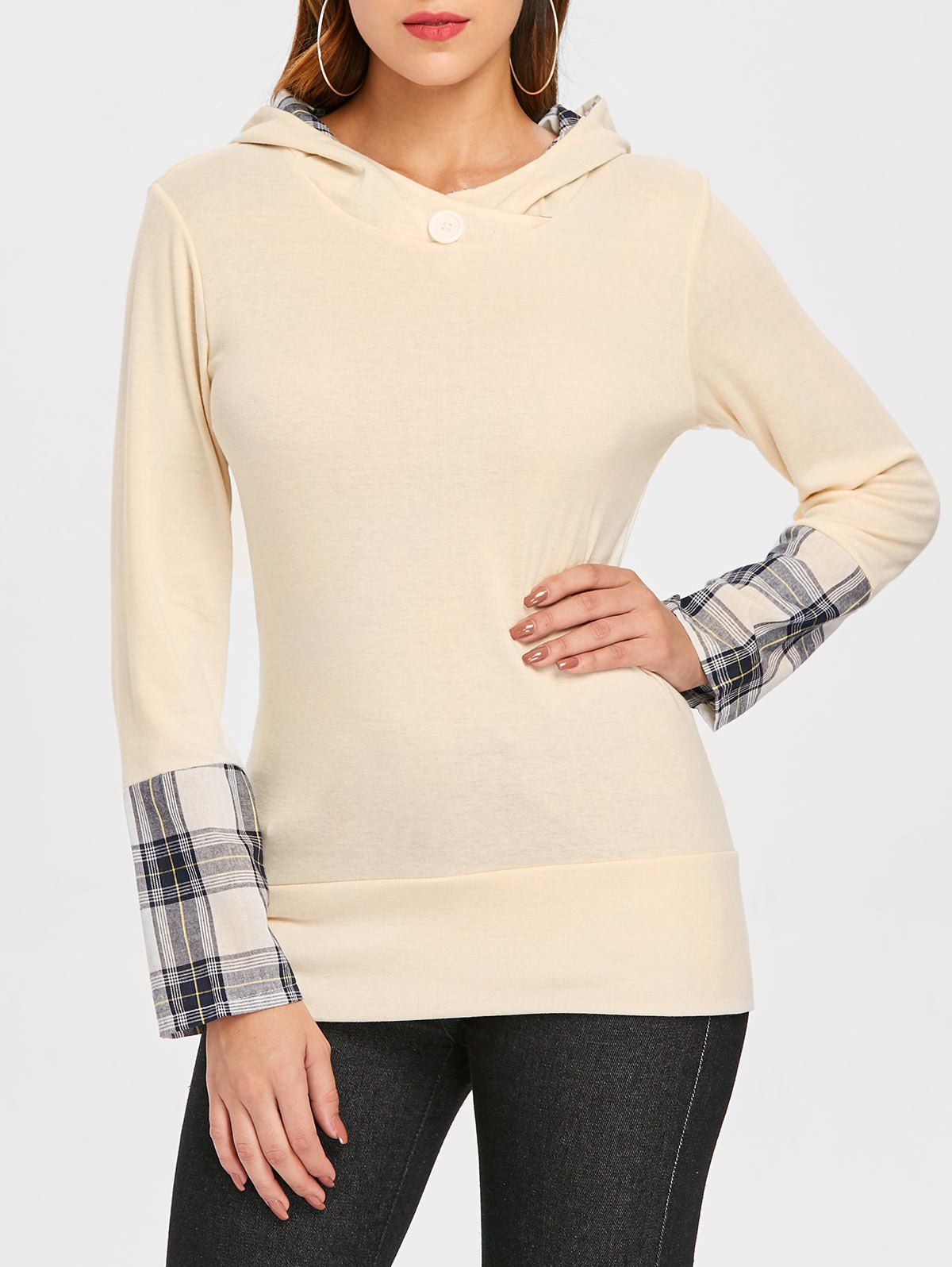 [62 Off] Stylish Hooded Long Sleeve Spliced Plaid Womens Hoodie Rosegal