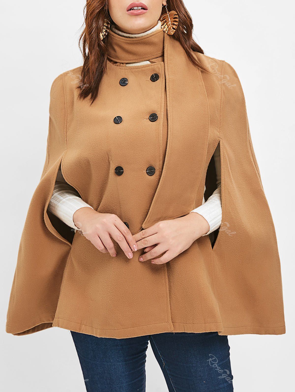  45 OFF Plus Size Double Breasted Cape Coat With Scarf Rosegal