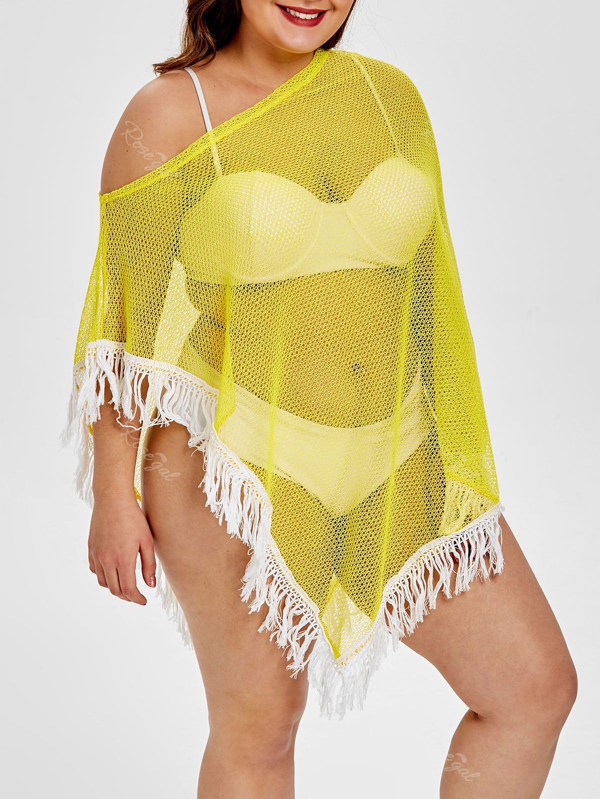 26 Off Sheer Knit Plus Size Fringed Cover Up Rosegal