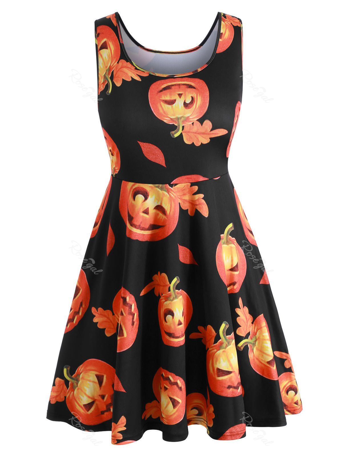 Plus Size Pumpkin Print Sleeveless Halloween Dress [53 Off] Rosegal