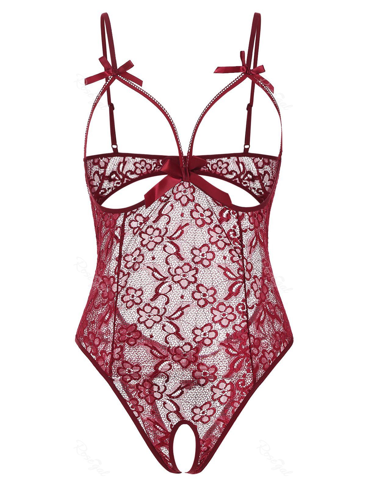 [41 Off] Plus Size Crotchless Flower Lace Bowknot Lingerie Teddy Rosegal