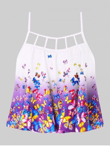 Plus Size Butterfly Print Ladder Cutout Tankini Top [52% OFF] | Rosegal