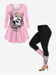 Skull Crown Wing Rose Flower Letters Print Long Sleeves T-shirt And ...